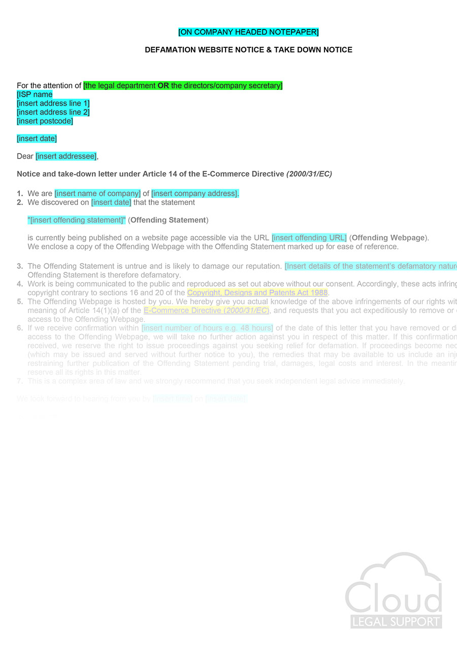 Defamation Website Take Down Notice - CloudLegal Support