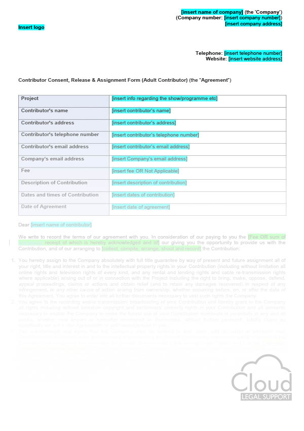 Contributor Consent, Release & Assignment Form (Adult Contributor ...