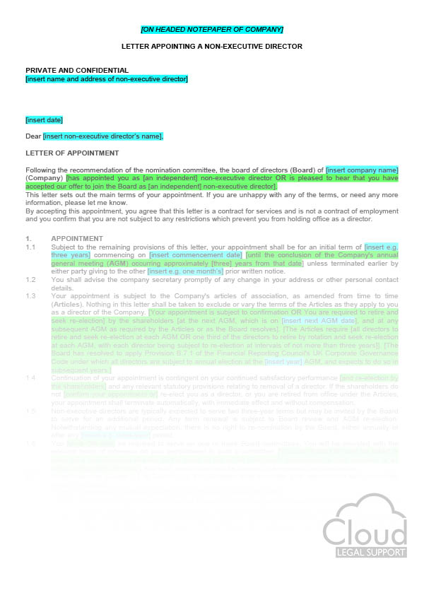 Letter Appointing Non-Executive Director - CloudLegal Support